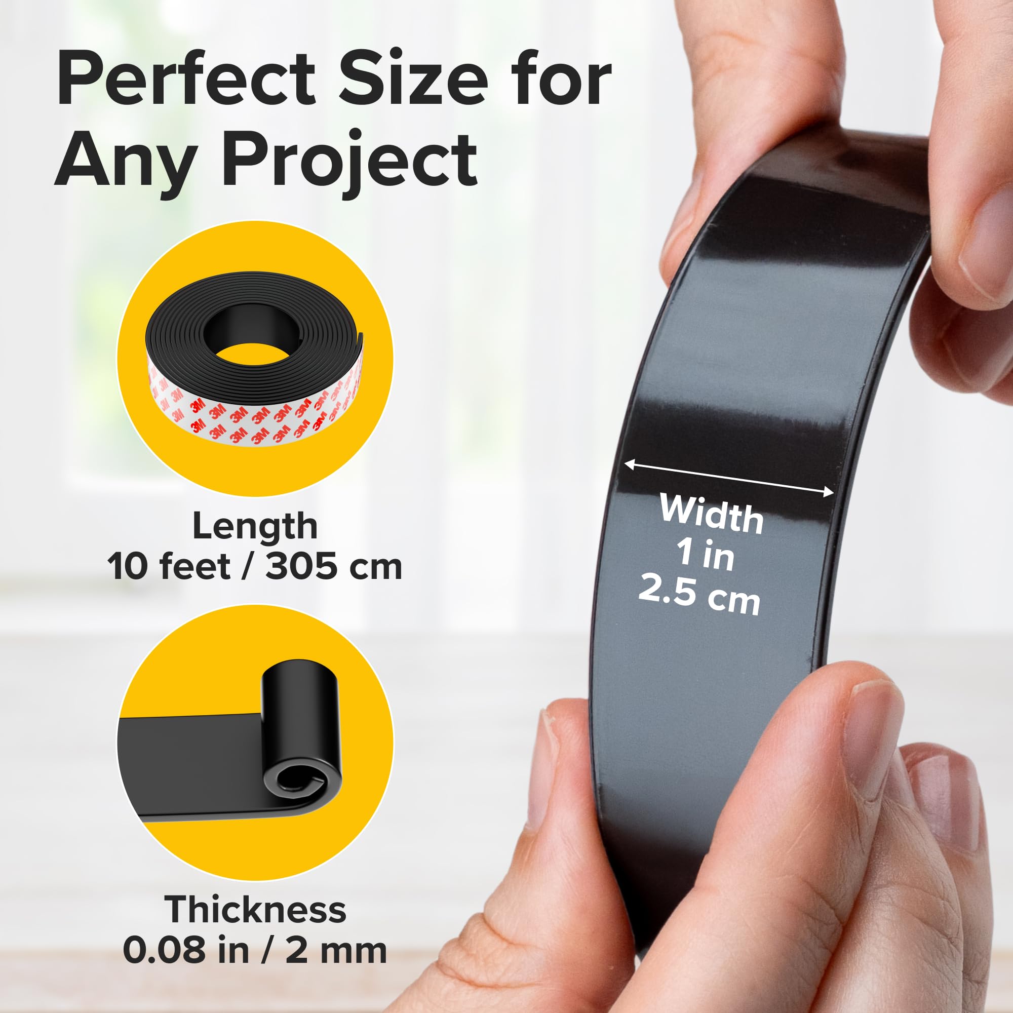 Flexible Magnetic Tape - 1 Inch x 10 Feet Magnetic Strip with Strong Self Adhesive - Ideal Magnetic Roll for Craft and DIY Projects - Sticky Magnets for Fridge and Dry Erase Board