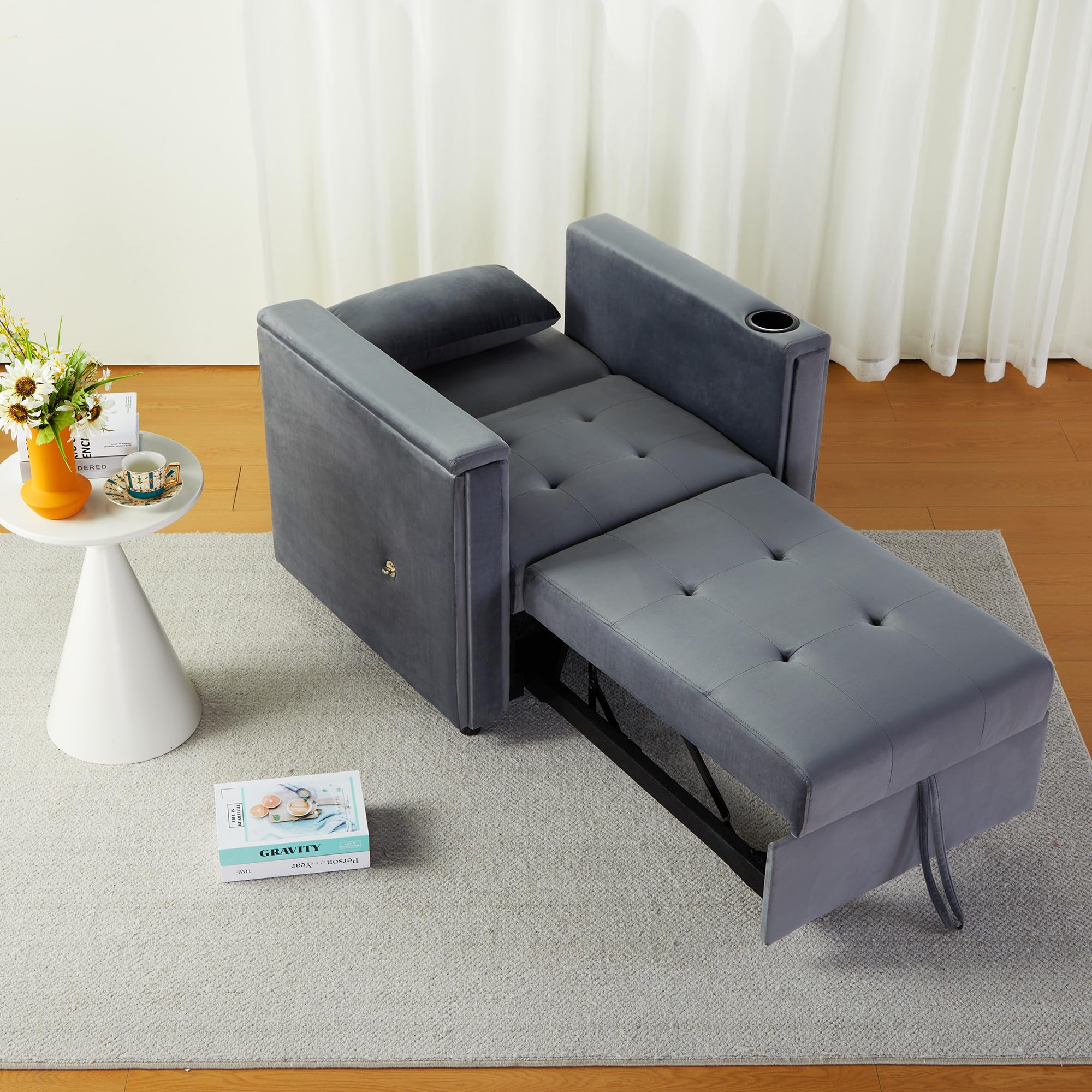 weselon Velvet Convertible Chair Bed, 3 in 1 Multi-Functional Lounge Chair Sleeper, Pull Out Couch Guest Bed with Hidden Table and Adjustable Backrest for Living Room Small Space Apartment (Gray)