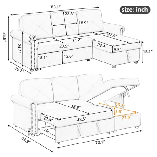 Angola AFLHYJK Sleeper Sofa Bed Convertible Sectional Couch, 3-Seater L-Shape Corner Couch with Storage Chaise