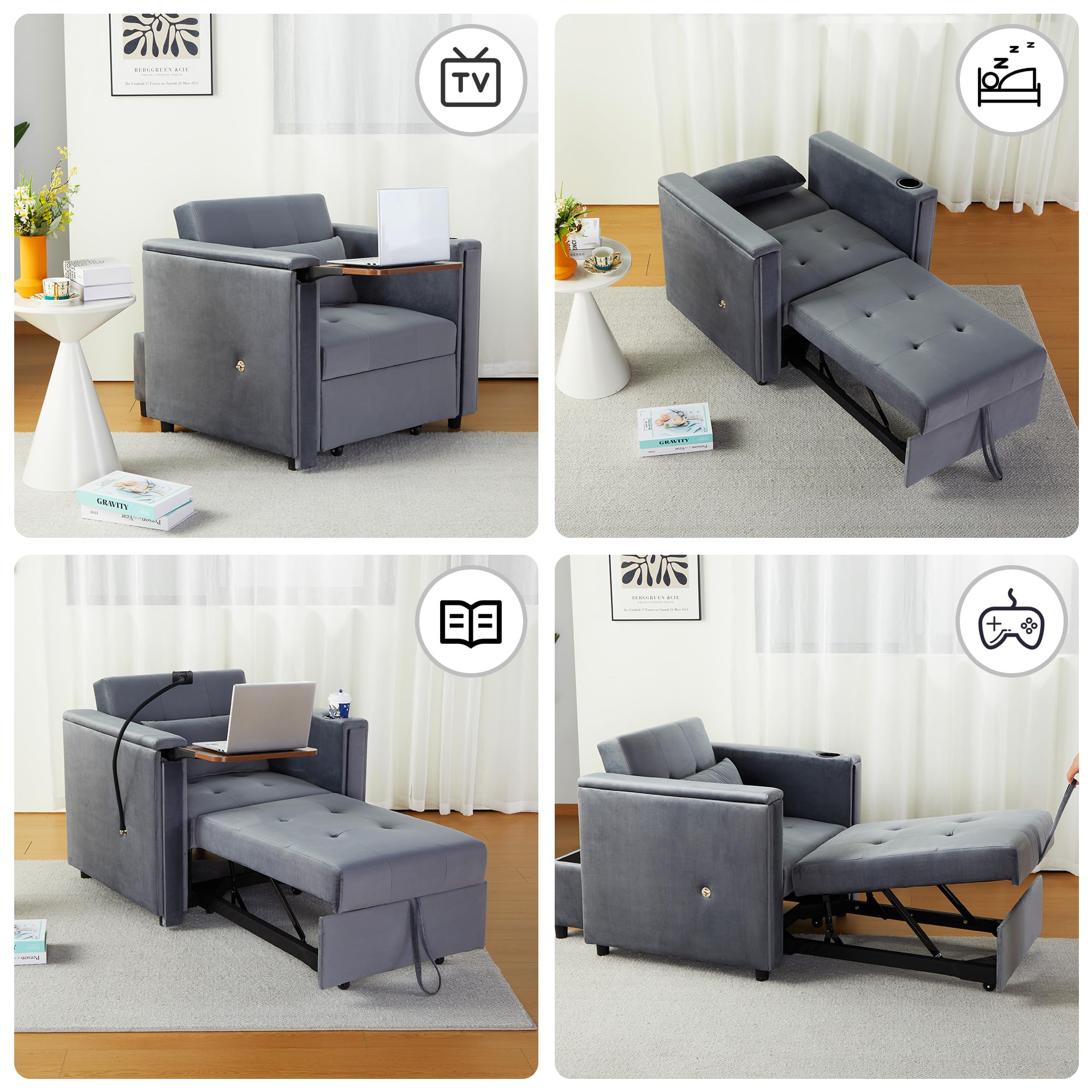 weselon Velvet Convertible Chair Bed, 3 in 1 Multi-Functional Lounge Chair Sleeper, Pull Out Couch Guest Bed with Hidden Table and Adjustable Backrest for Living Room Small Space Apartment (Gray)