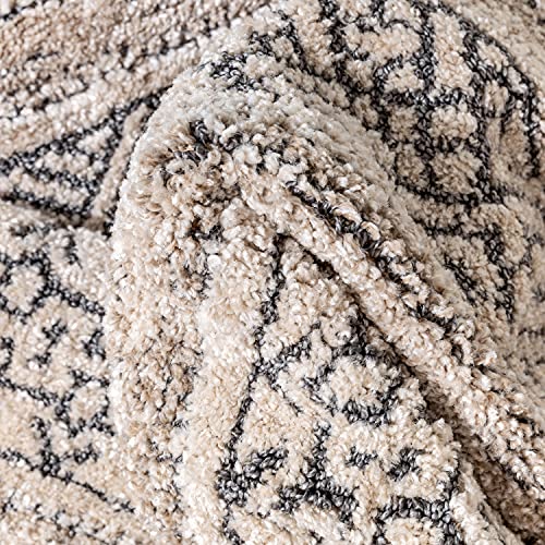 Well Woven Francesca Beige Tribal Geometric Distressed High-Lo Pile Area Rug (6'7" x 9'3")