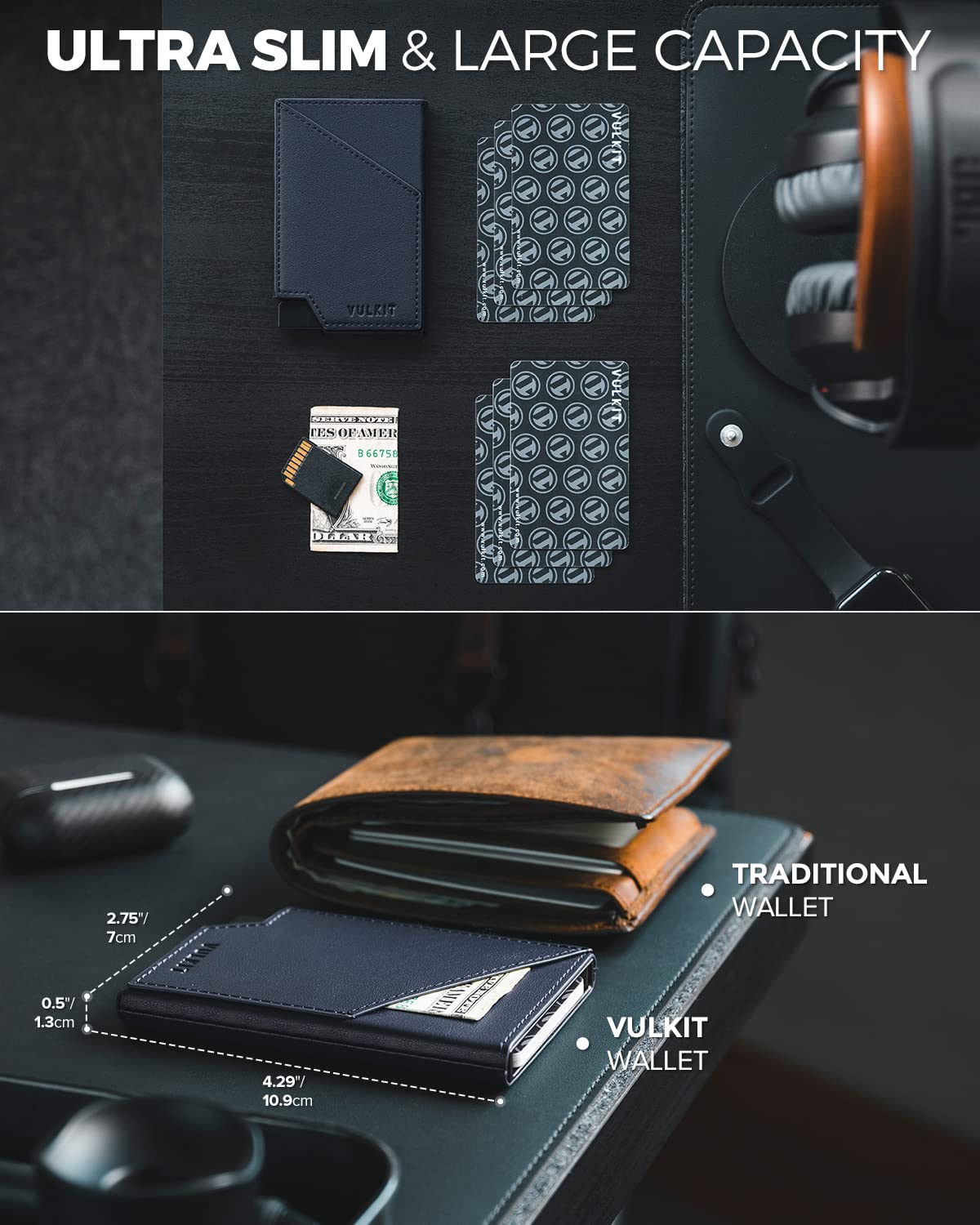 VULKIT Pop up Card Wallet RFID Blocking Slim Aluminum Metal Bank Card Holder Case with Business Money Pocket for Credit Cards Notes and Coins (Navy)