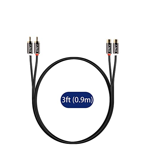 J&D 2 RCA Extension Cable, RCA Cable, Gold Plated Copper Shell Heavy Duty 2 RCA Male to Female Stereo Audio Extension Cable, 3 Feet