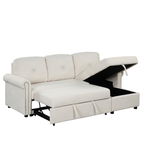Angola AFLHYJK Sleeper Sofa Bed Convertible Sectional Couch, 3-Seater L-Shape Corner Couch with Storage Chaise