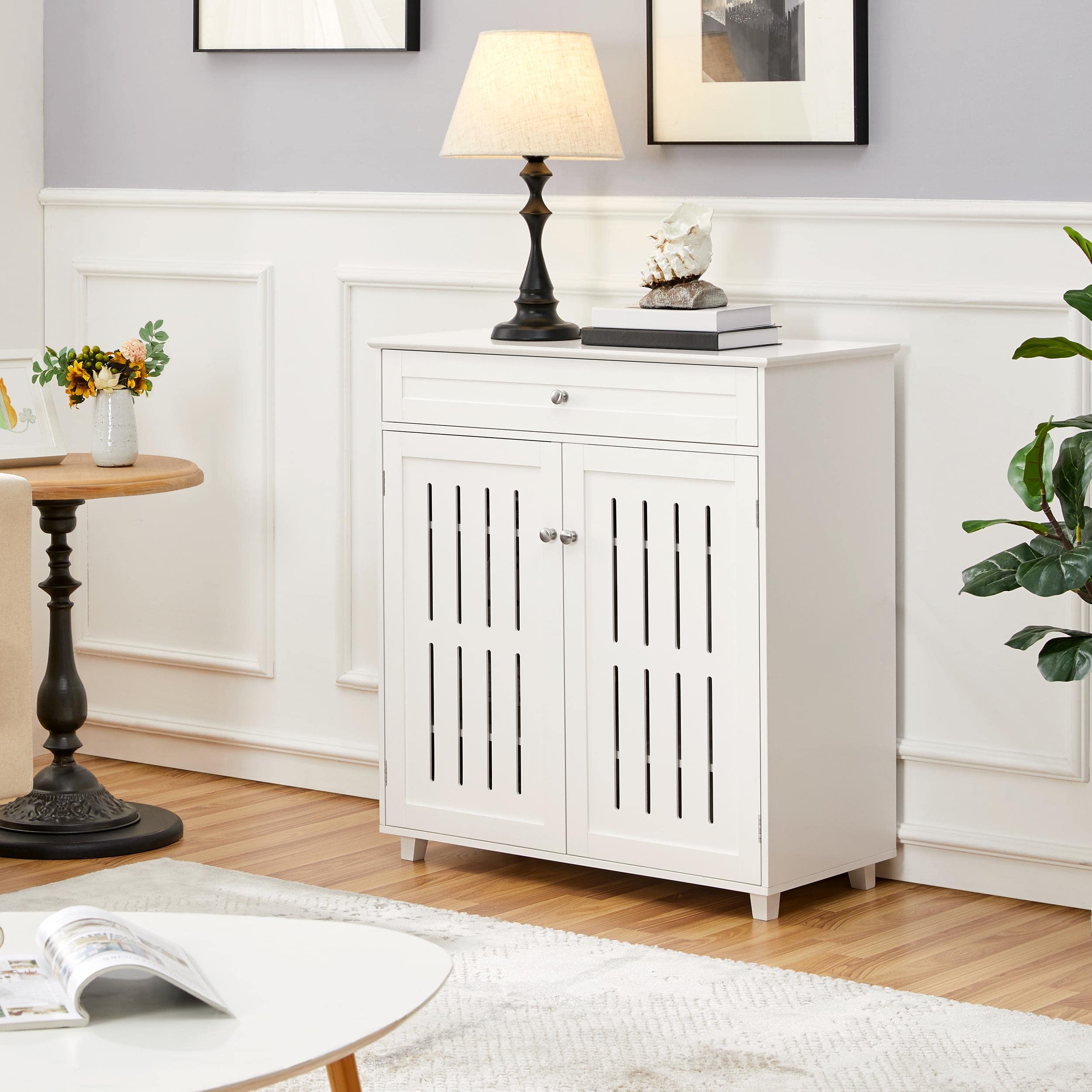 Yaheetech Shoe Cabinet, 4-Tier Shoe Storage Cabinet with Drawer & Adjustable Shelves, Wooden Shoe Rack Organizer with Louvered Doors for Entryway, Hallway, Bedroom, Closet, Living Room, White