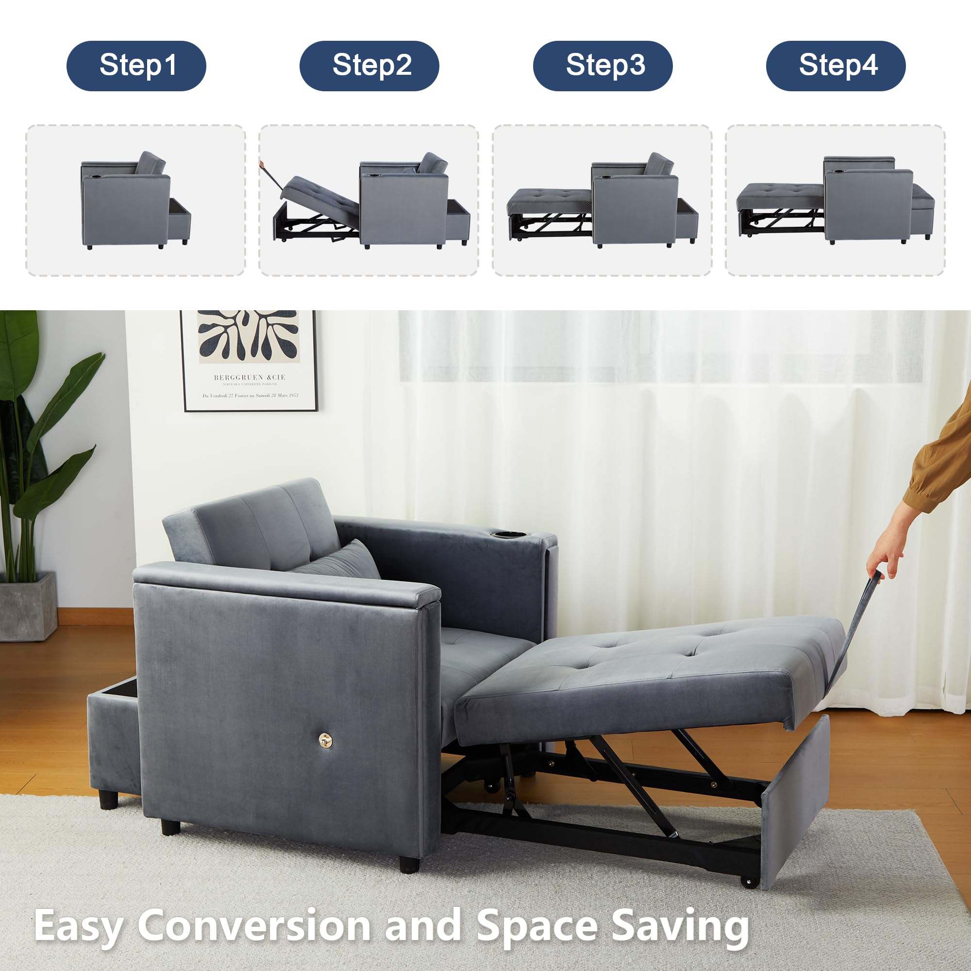 weselon Velvet Convertible Chair Bed, 3 in 1 Multi-Functional Lounge Chair Sleeper, Pull Out Couch Guest Bed with Hidden Table and Adjustable Backrest for Living Room Small Space Apartment (Gray)