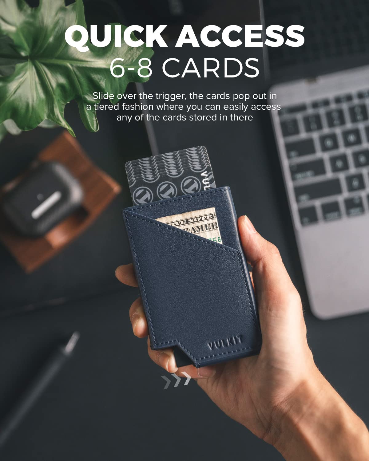 VULKIT Pop up Card Wallet RFID Blocking Slim Aluminum Metal Bank Card Holder Case with Business Money Pocket for Credit Cards Notes and Coins (Navy)