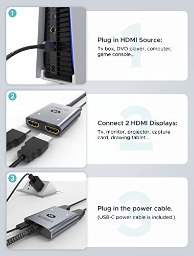Warrky HDMI Splitter, Duplicate/Mirror, 4K HDMI Splitter 1 in 2 Out [Metal Case, Gold-Plated] with 3.3 Ft Braided HDMI Cable, Powered Splitter, 1 Source to 2 Identical Displays for TV, Projector