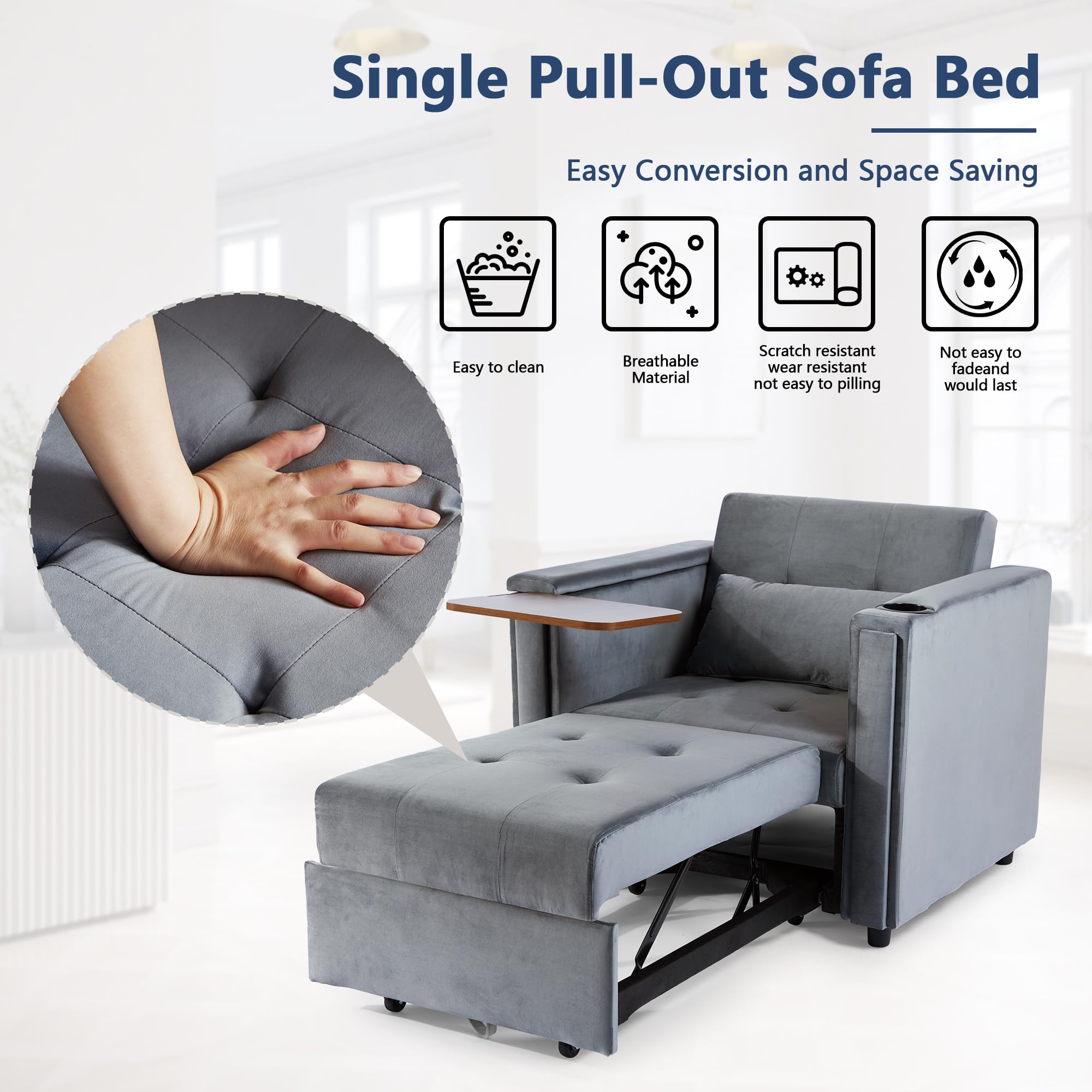 weselon Velvet Convertible Chair Bed, 3 in 1 Multi-Functional Lounge Chair Sleeper, Pull Out Couch Guest Bed with Hidden Table and Adjustable Backrest for Living Room Small Space Apartment (Gray)