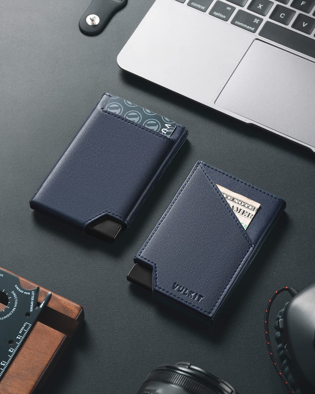 VULKIT Pop up Card Wallet RFID Blocking Slim Aluminum Metal Bank Card Holder Case with Business Money Pocket for Credit Cards Notes and Coins (Navy)