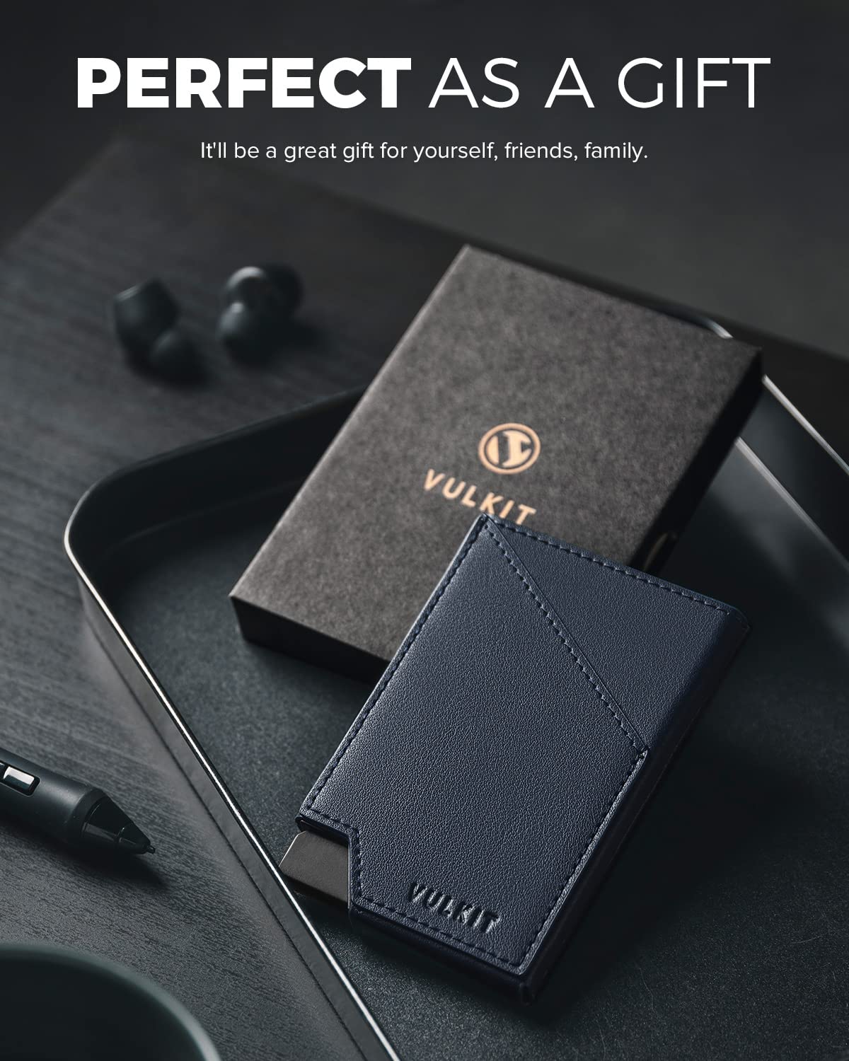 VULKIT Pop up Card Wallet RFID Blocking Slim Aluminum Metal Bank Card Holder Case with Business Money Pocket for Credit Cards Notes and Coins (Navy)