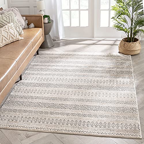 Well Woven Francesca Beige Tribal Geometric Distressed High-Lo Pile Area Rug (6'7" x 9'3")