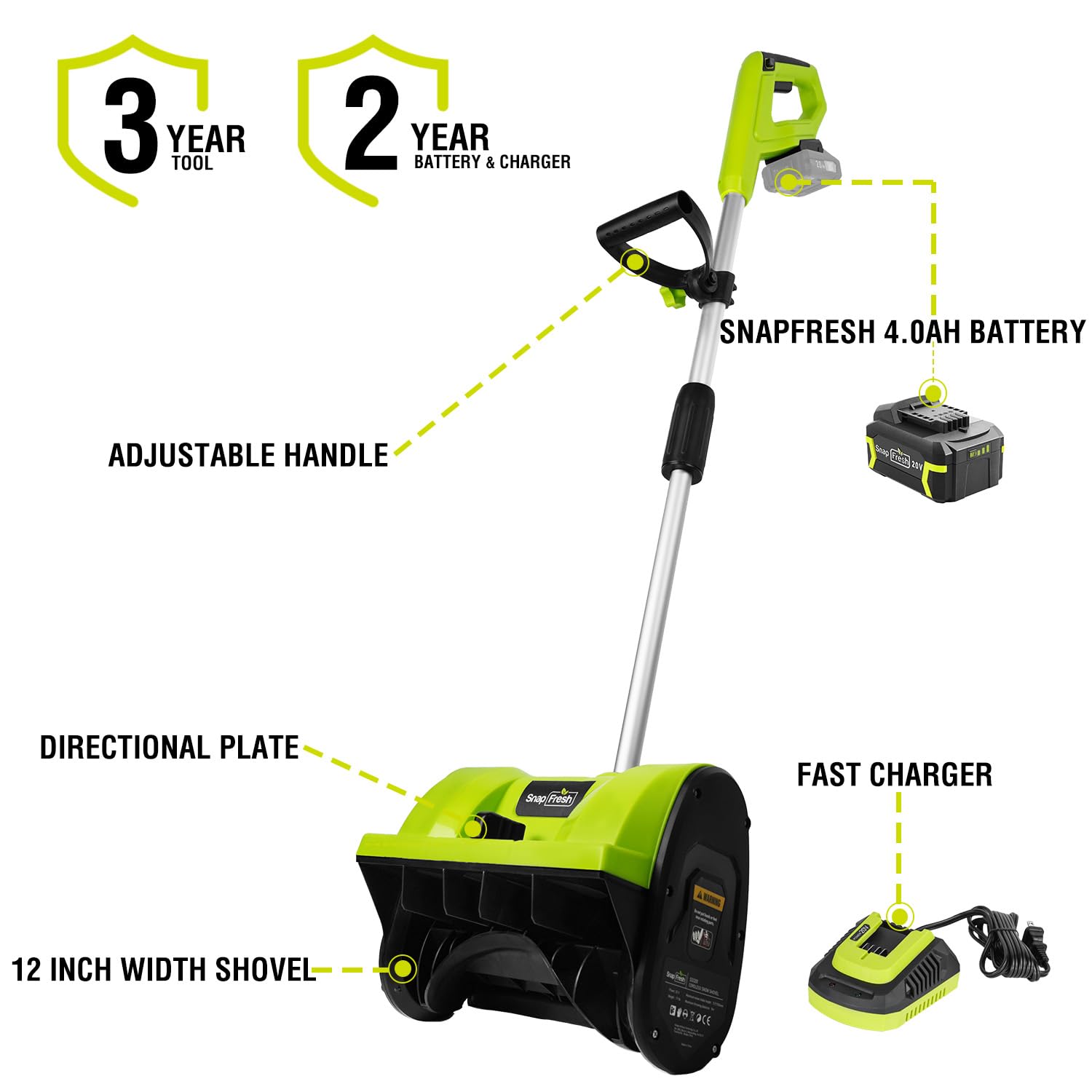 SnapFresh 20V Snow Shovel Cordless,12β Electric Snow Thrower kit,Adjustable Handle, Directional Plate, Handheld Battery Powered Snow Thrower for Driveway Clearing,4.0Ah Battery & Fast Charger Included