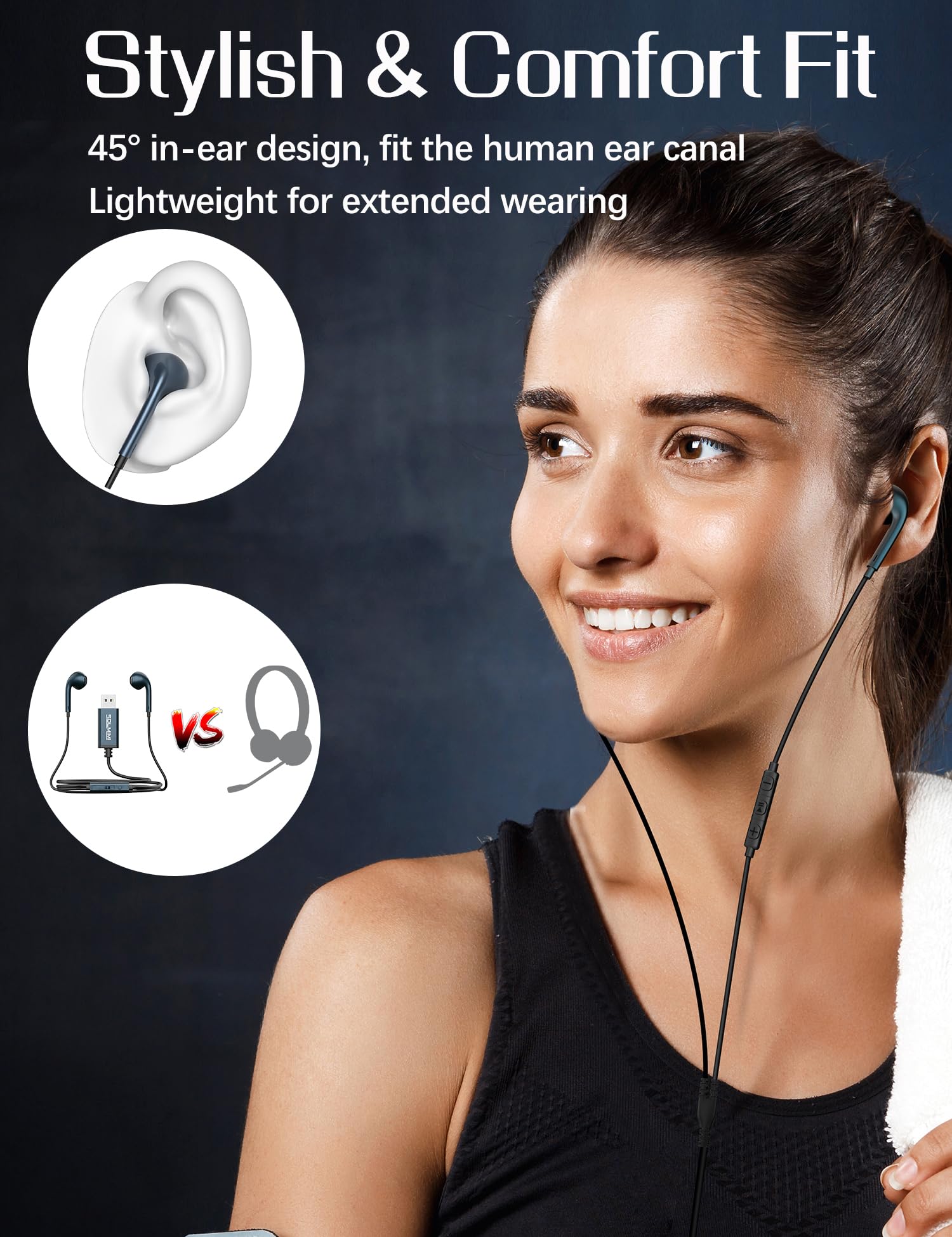 SOLMIMI USB Earbuds with Microphone for PC Laptop, 2M/6.5ft USB Headset with Microphone for PC, USB Headphones for Computer Laptop PC PS4 PS5 Notebook Desktop Office Home with Volume Control& Mute