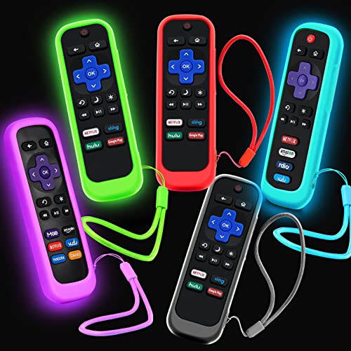 5Pack Case for Roku Remote, Cover for Hisense / TCL Roku TV Steaming Stick / Express Universal Replacement Controller Silicone Sleeve Skin Glow in The Dark Green Sky Purple Red