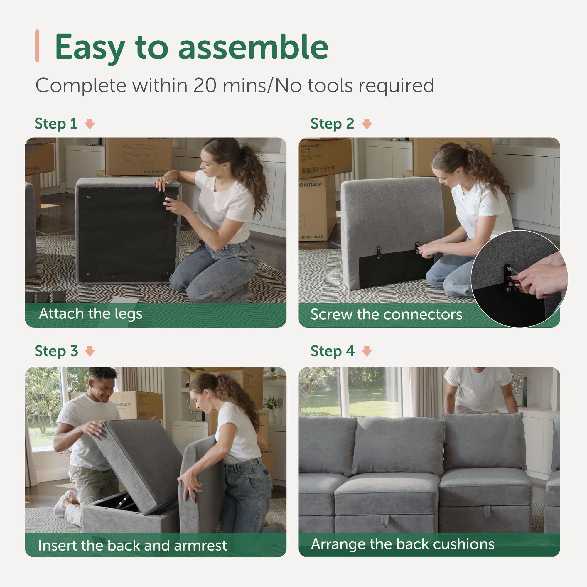 HONBAY Convertible Modular Sectional Sofa L-Shape Sectional Couch with Reversible Chaise Modular Sofa with Storage Seats, Grey