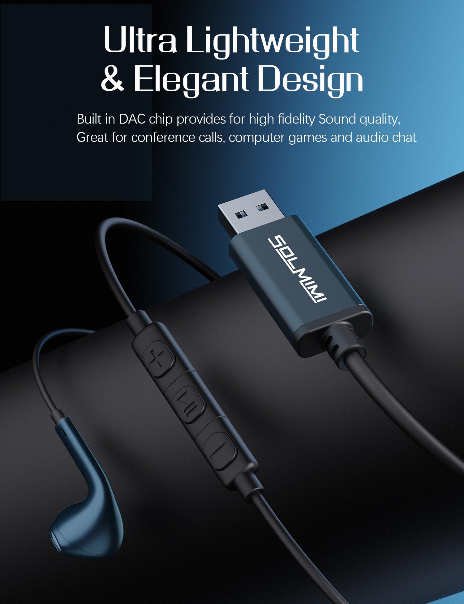 SOLMIMI USB Earbuds with Microphone for PC Laptop, 2M/6.5ft USB Headset with Microphone for PC, USB Headphones for Computer Laptop PC PS4 PS5 Notebook Desktop Office Home with Volume Control& Mute