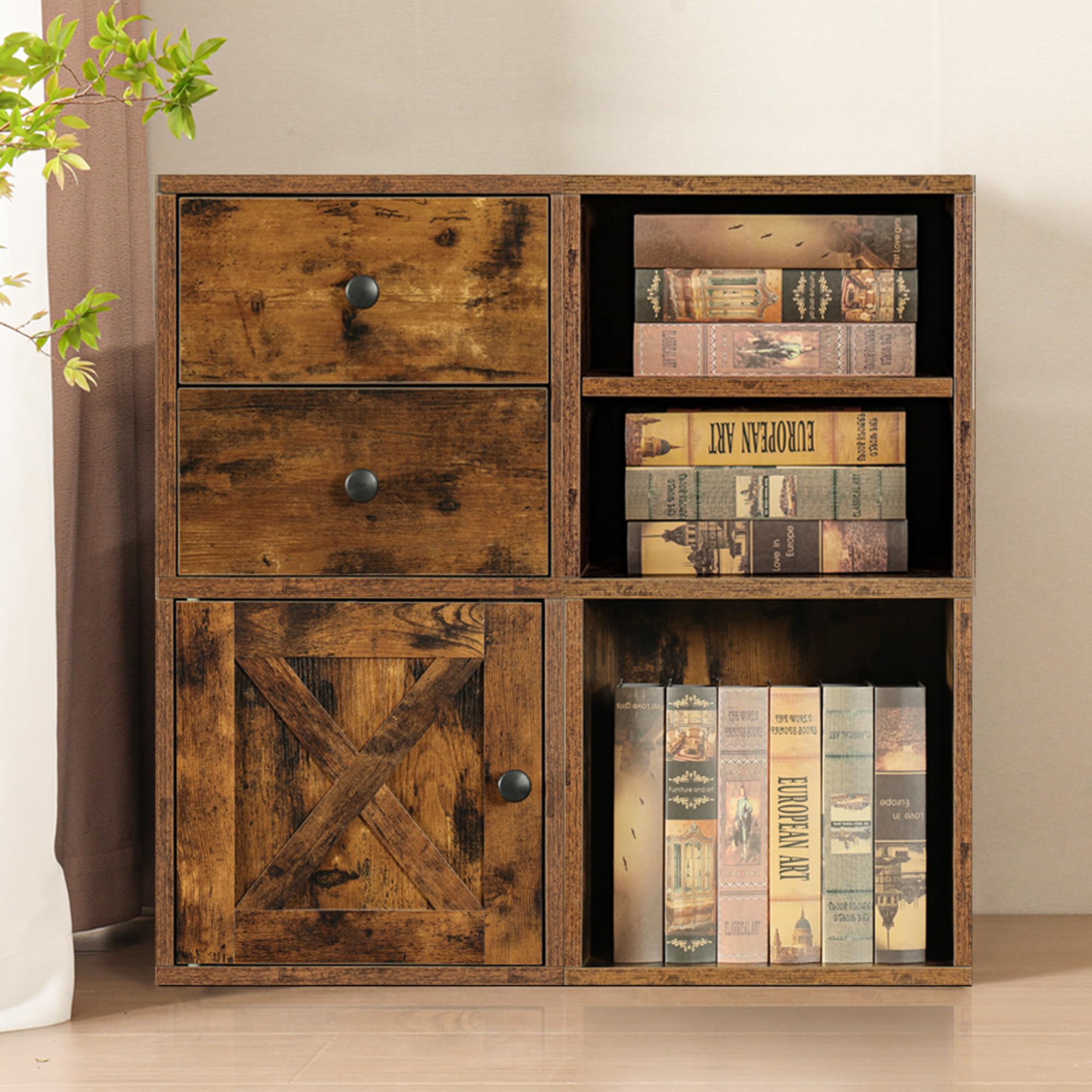 FUSUNBAO Magic DIY Cube Storage Organizer Stackable Cubes for Home Books Clothes Toy -Modular Cubby Storage System -Closet Organizer -Bookcase Closet (Antique Brown, Door Cube)