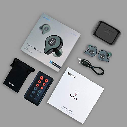 Sabbat True Wireless Earbuds Bluetooth 5.0 Headphones - Besue Deep Bass Wireless Headphones for Sport/Workout, Noise Cancelling Bluetooth Earbuds for Galaxy/iPhone/Android 30H with Wireless Charging