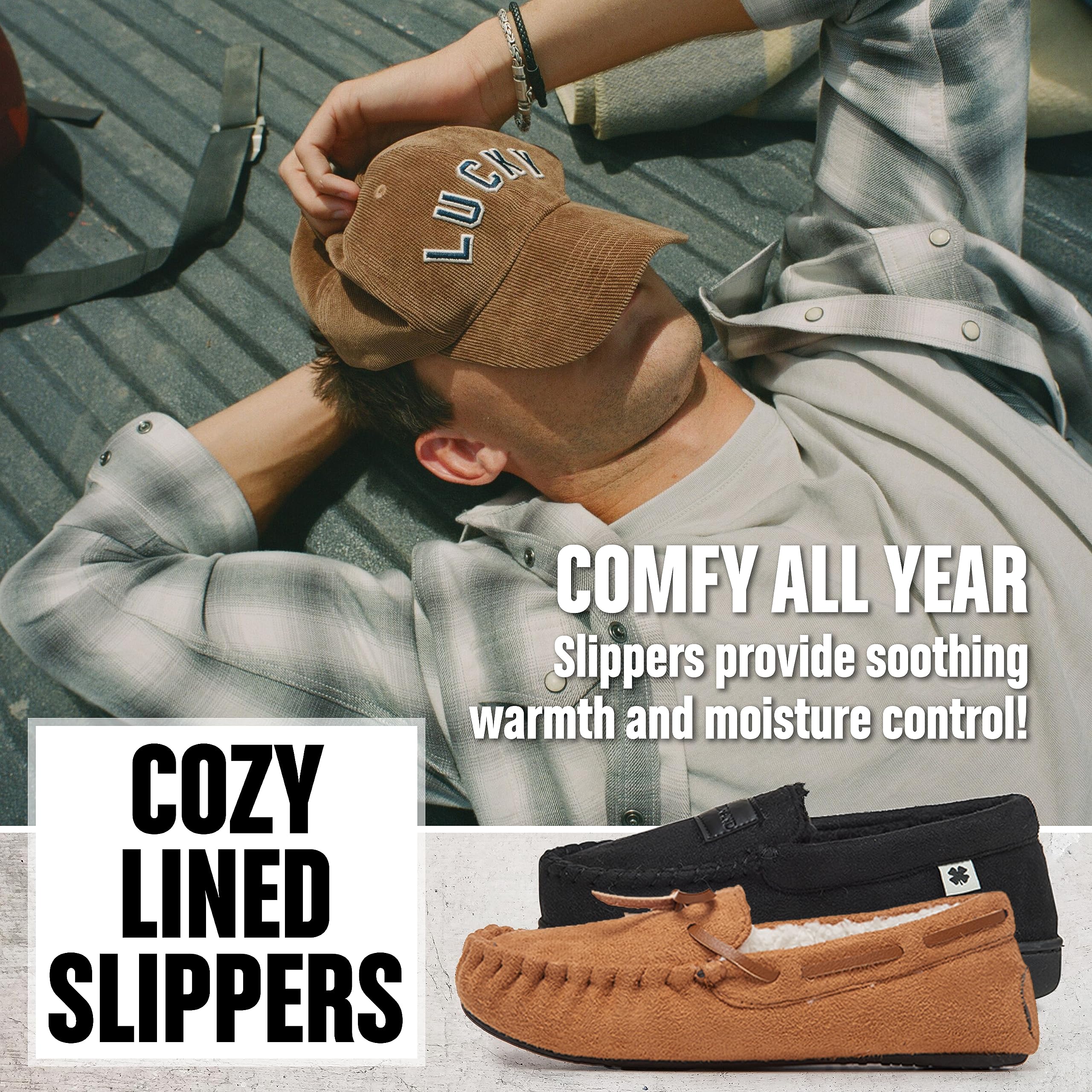 Lucky Brand Boy's Micro-Suede Cozy Moccasin Slippers with Faux Sherpa Lining