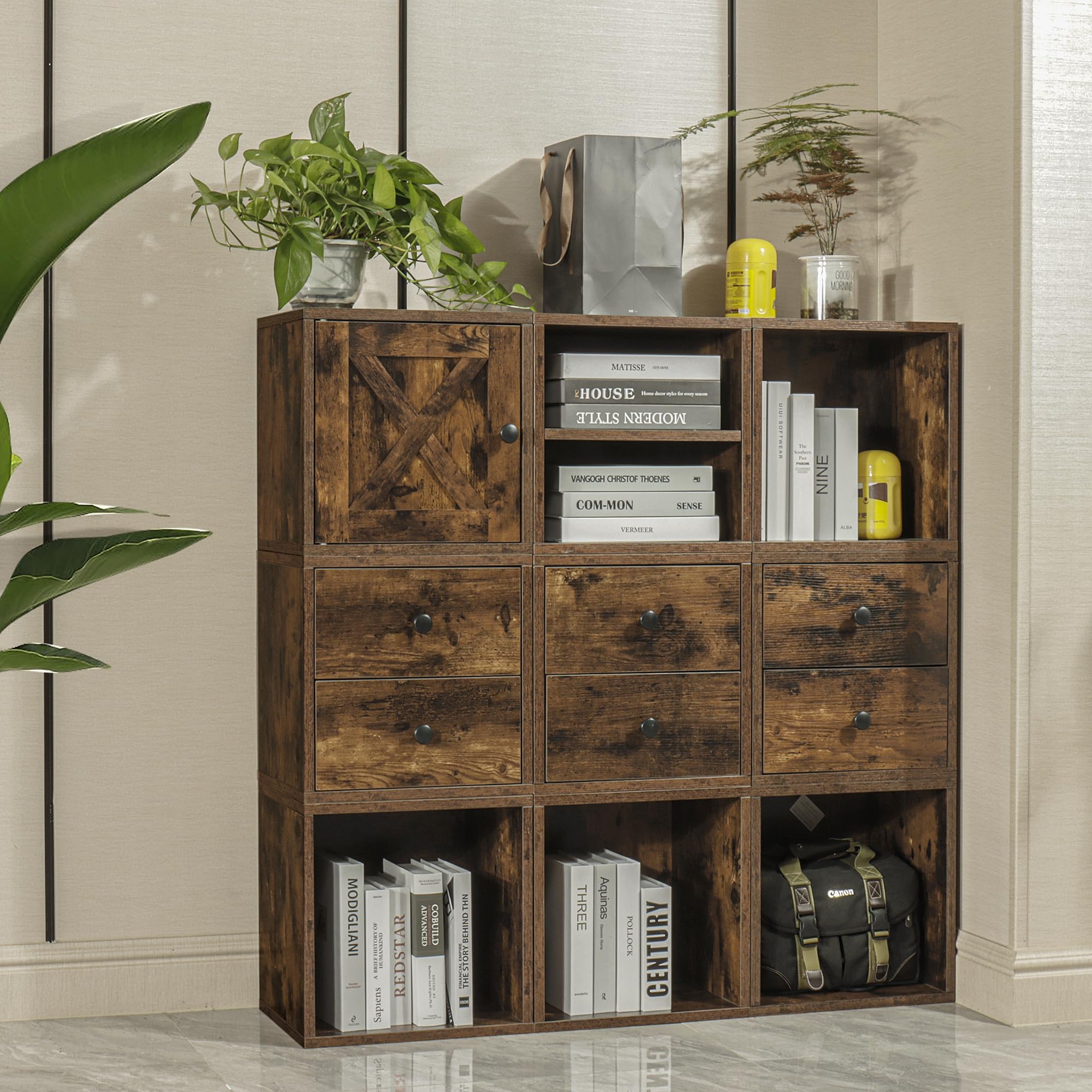 FUSUNBAO Magic DIY Cube Storage Organizer Stackable Cubes for Home Books Clothes Toy -Modular Cubby Storage System -Closet Organizer -Bookcase Closet (Antique Brown, Door Cube)