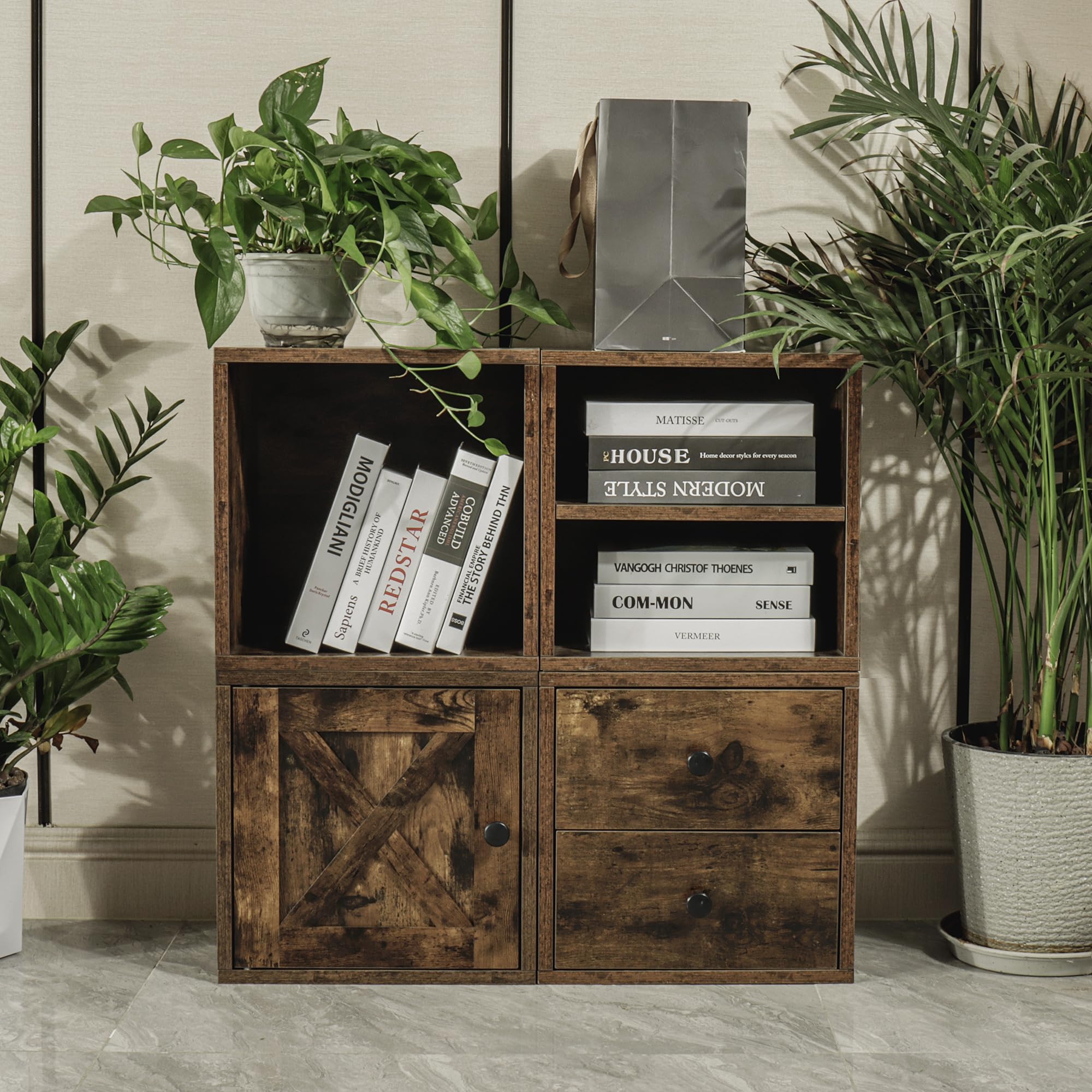 FUSUNBAO Magic DIY Cube Storage Organizer Stackable Cubes for Home Books Clothes Toy -Modular Cubby Storage System -Closet Organizer -Bookcase Closet (Antique Brown, Door Cube)