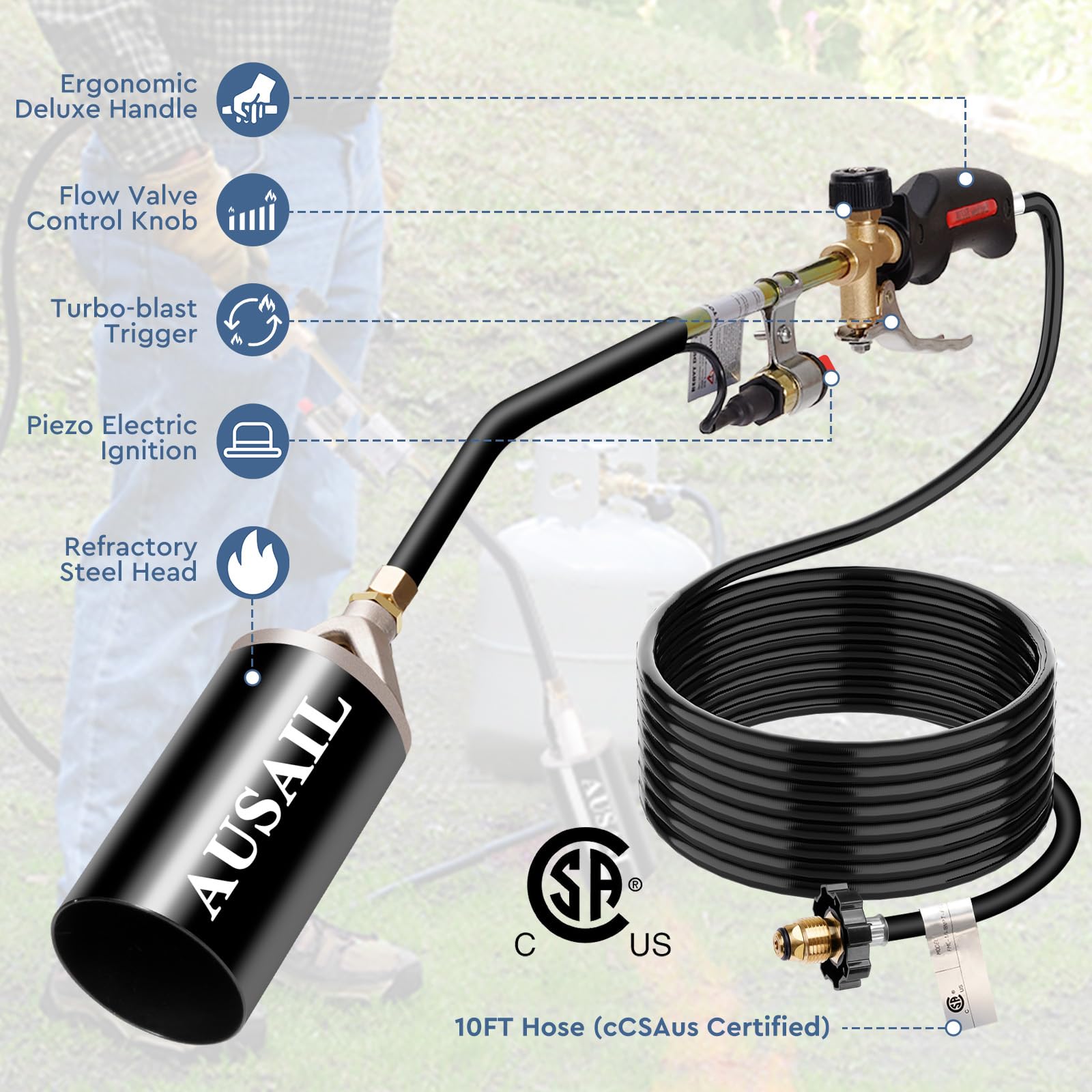 Propane Torch Weed Burner,Blow Torch,Heavy Duty,High Output 1,800,000 BTU,Flamethrower with Turbo Trigger Push Button Igniter and 10 FT Hose for Roof Asphalt,Ice Snow,Road Marking,Charcoal(Black)