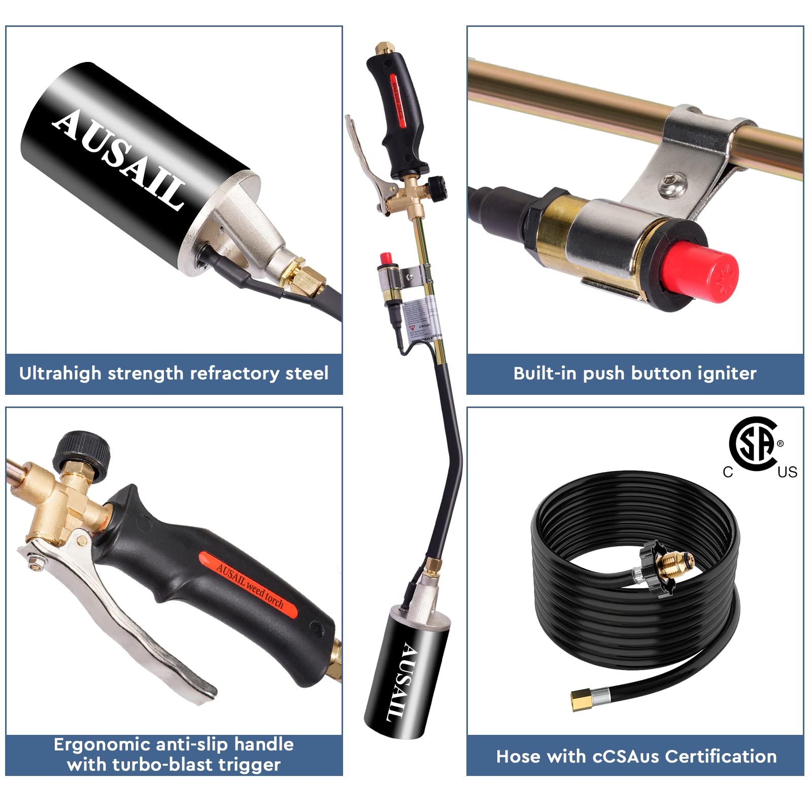 Propane Torch Weed Burner,Blow Torch,Heavy Duty,High Output 1,800,000 BTU,Flamethrower with Turbo Trigger Push Button Igniter and 10 FT Hose for Roof Asphalt,Ice Snow,Road Marking,Charcoal(Black)
