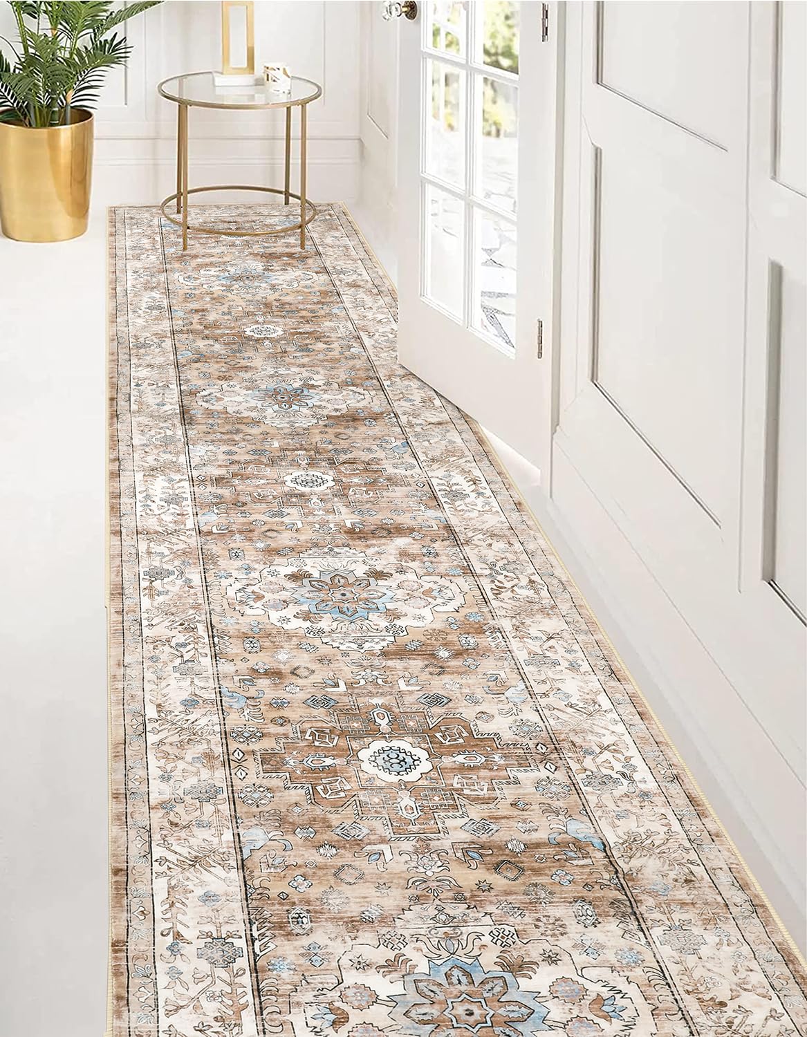 Pauwer Hallway Runner Rug 2x10 Washable Rugs Runner Non Slip Carpet Runner Boho Farmhouse Vintage Throw Area Rugs Floor Runner for Hallway Kitchen Entryway Laundry Room Bedroom Bathroom, Cream Tan