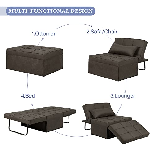 Saemoza Sofa Bed, 4 in 1 Multi Function Folding Ottoman Sleeper Bed, Modern Convertible Chair Adjustable Backrest Sleeper Couch Bed for Living Room/Small Apartment, Dark Brown