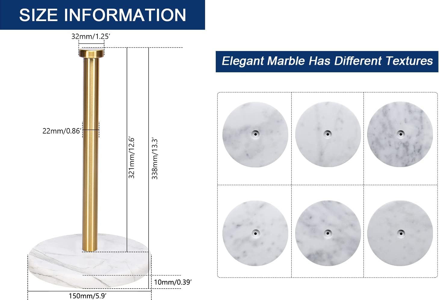 NearMoon Standing Paper Towel Holder, Kitchen Paper Towel Roll Holder- for Bathroom Kitchen Countertop, Standard or Jumbo-Sized Roll Holder (with Marble Base, Brushed Gold)