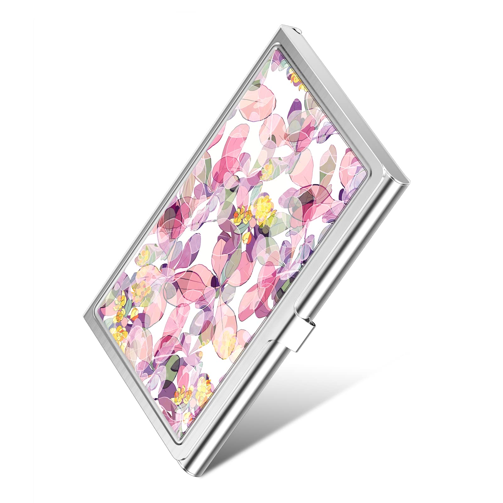 Rouidr Business Card Holder, Small Business Card Case, Slim Metal Business Card Organizer, Pocket Name Card Holder Wallet for Men Women, Colorful Flowers