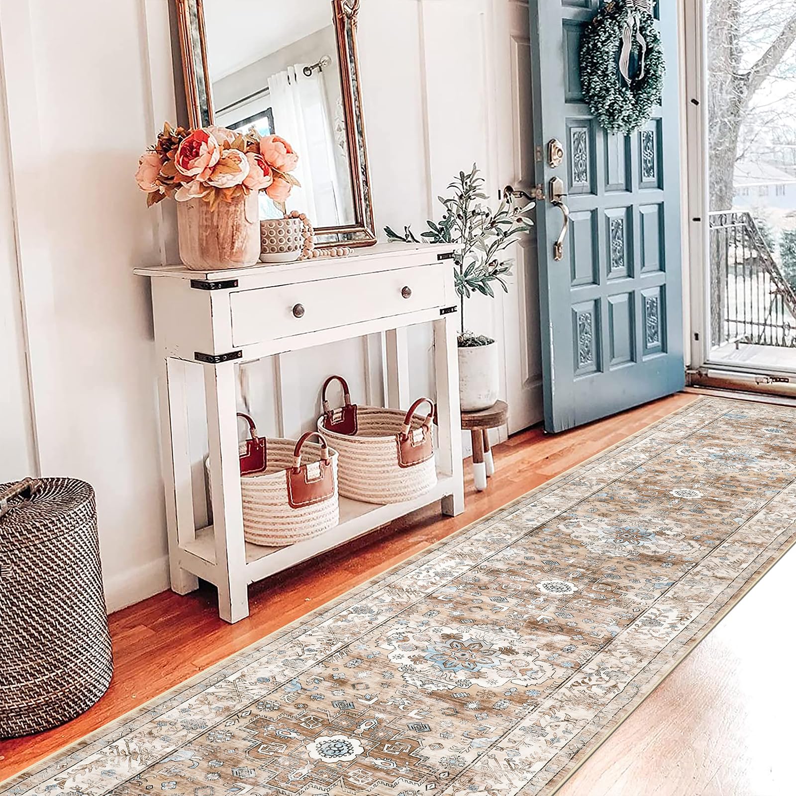 Pauwer Hallway Runner Rug 2x10 Washable Rugs Runner Non Slip Carpet Runner Boho Farmhouse Vintage Throw Area Rugs Floor Runner for Hallway Kitchen Entryway Laundry Room Bedroom Bathroom, Cream Tan