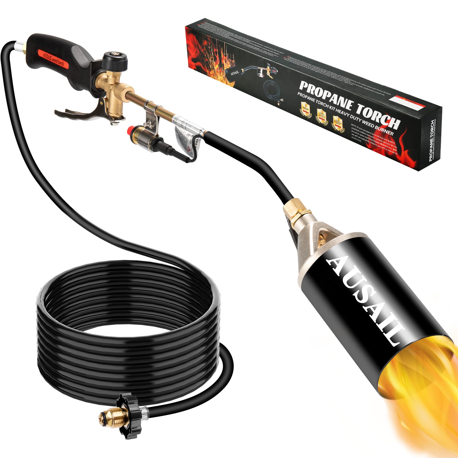 Propane Torch Weed Burner,Blow Torch,Heavy Duty,High Output 1,800,000 BTU,Flamethrower with Turbo Trigger Push Button Igniter and 10 FT Hose for Roof Asphalt,Ice Snow,Road Marking,Charcoal(Black）