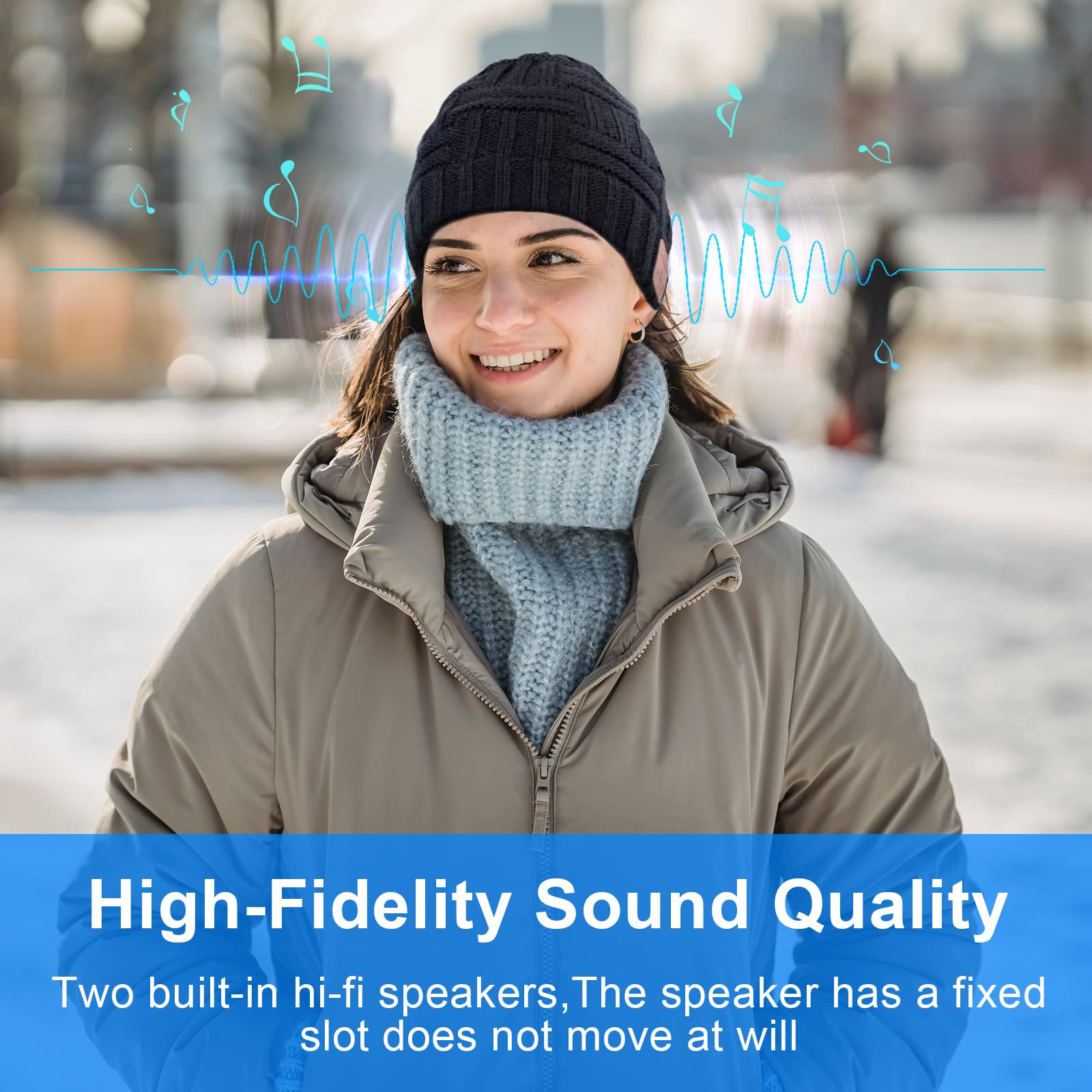 Bluetooth Beanie Hat Music Beanie for Men and Women Warm Knit Hats Built-in Detachable Stereo Speakers & Microphone Winter Cap Suitable for Running Hiking Tech Gifts for Teens Black