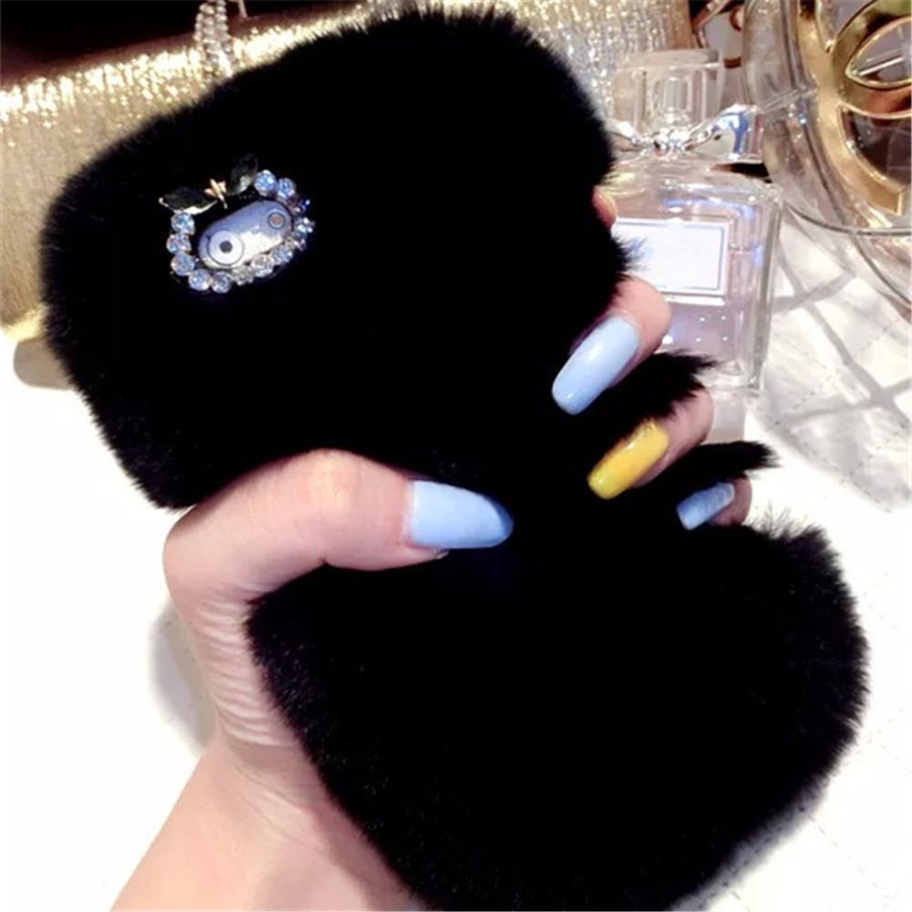 Case for LG V20,Rex Rabbit Fur Hair Stylish Cute Fluffy Bling Crystal Rhinestone Soft Furry TPU Case for LG V20 (Black)