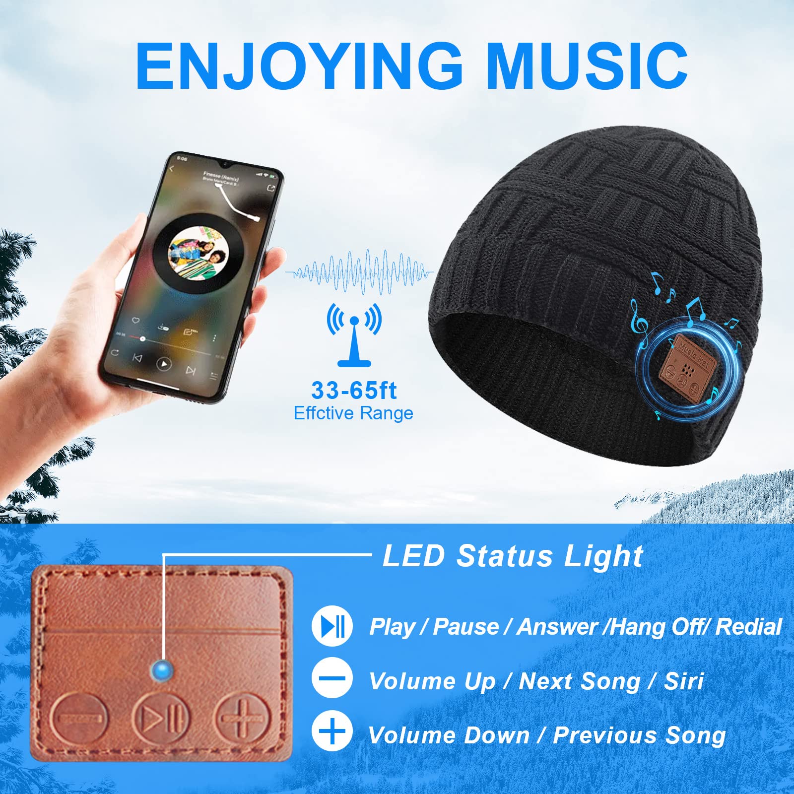 Bluetooth Beanie Hat Music Beanie for Men and Women Warm Knit Hats Built-in Detachable Stereo Speakers & Microphone Winter Cap Suitable for Running Hiking Tech Gifts for Teens Black