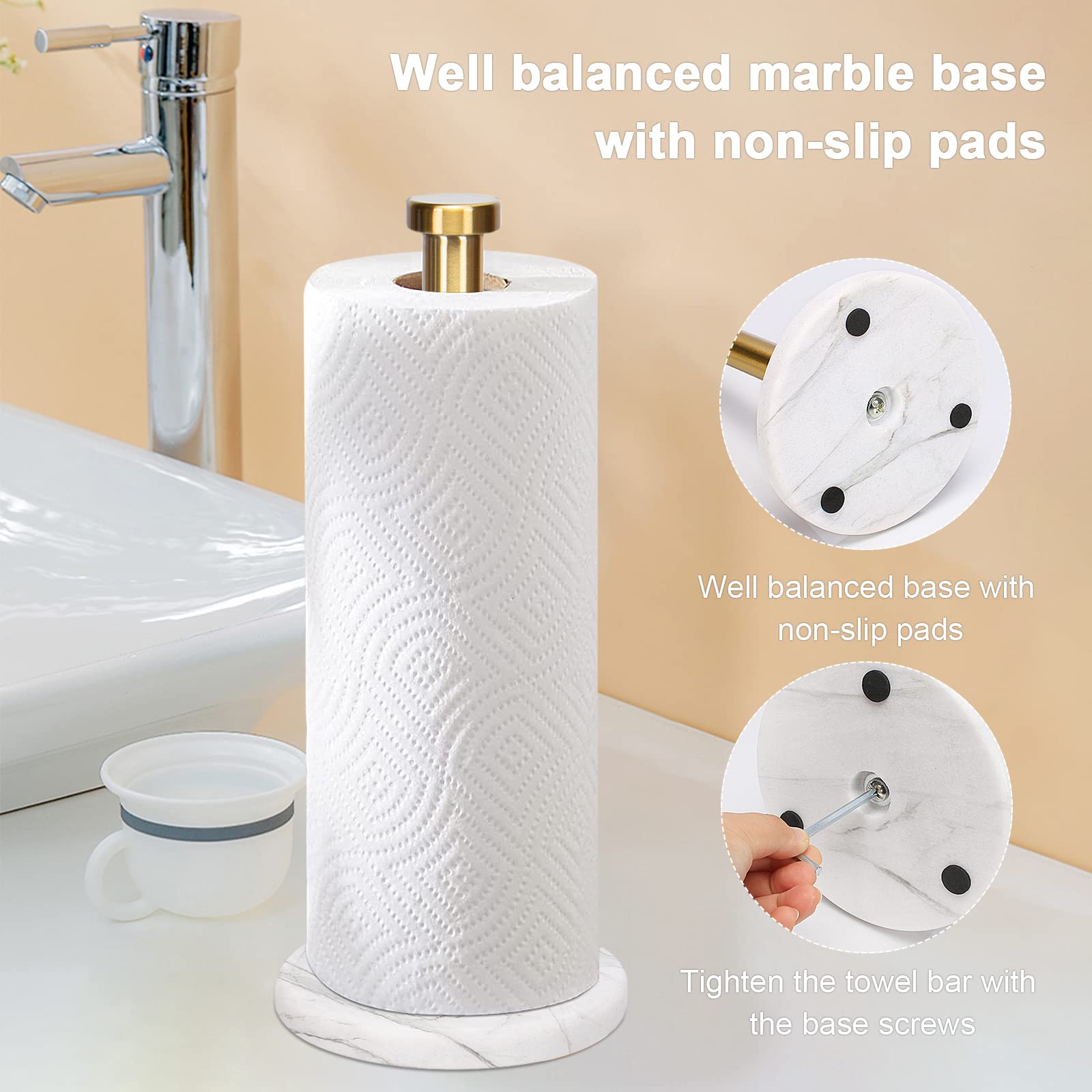 NearMoon Standing Paper Towel Holder, Kitchen Paper Towel Roll Holder- for Bathroom Kitchen Countertop, Standard or Jumbo-Sized Roll Holder (with Marble Base, Brushed Gold)