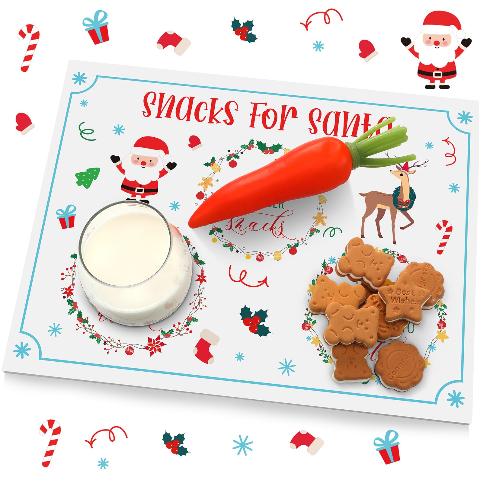 Layhit Santa Cookie Plate for Kids Christmas Cookies Plate Rectangle Wooden Santa Treat Tray Christmas Eve Tableware Putting Milk Mugs and Reindeer Snacks Cute Placemats for Xmas Decoration Supplies