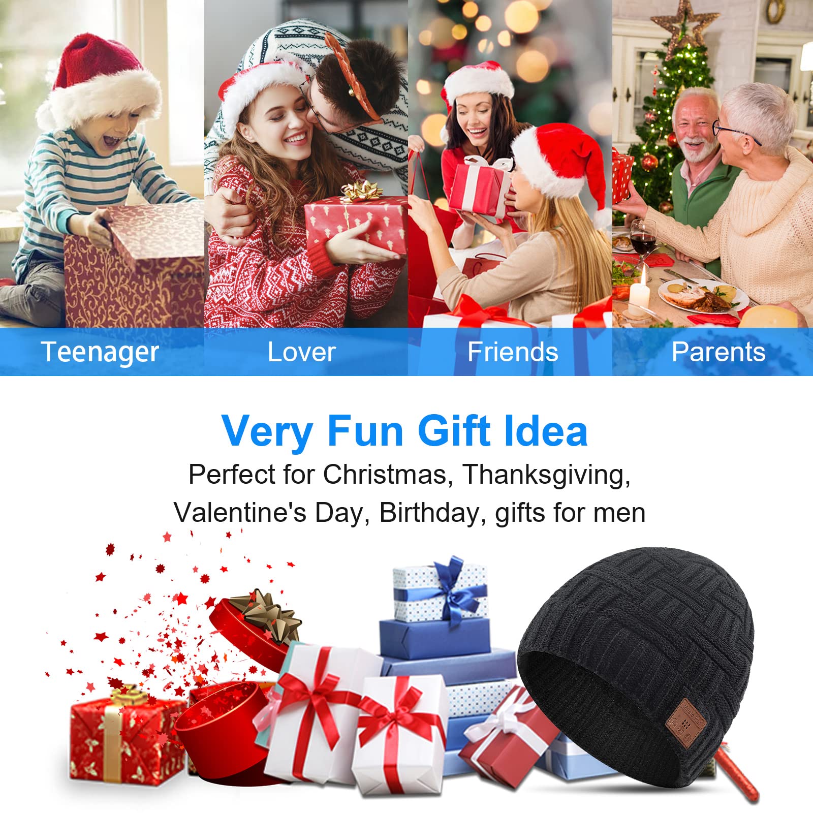 Bluetooth Beanie Hat Music Beanie for Men and Women Warm Knit Hats Built-in Detachable Stereo Speakers & Microphone Winter Cap Suitable for Running Hiking Tech Gifts for Teens Black