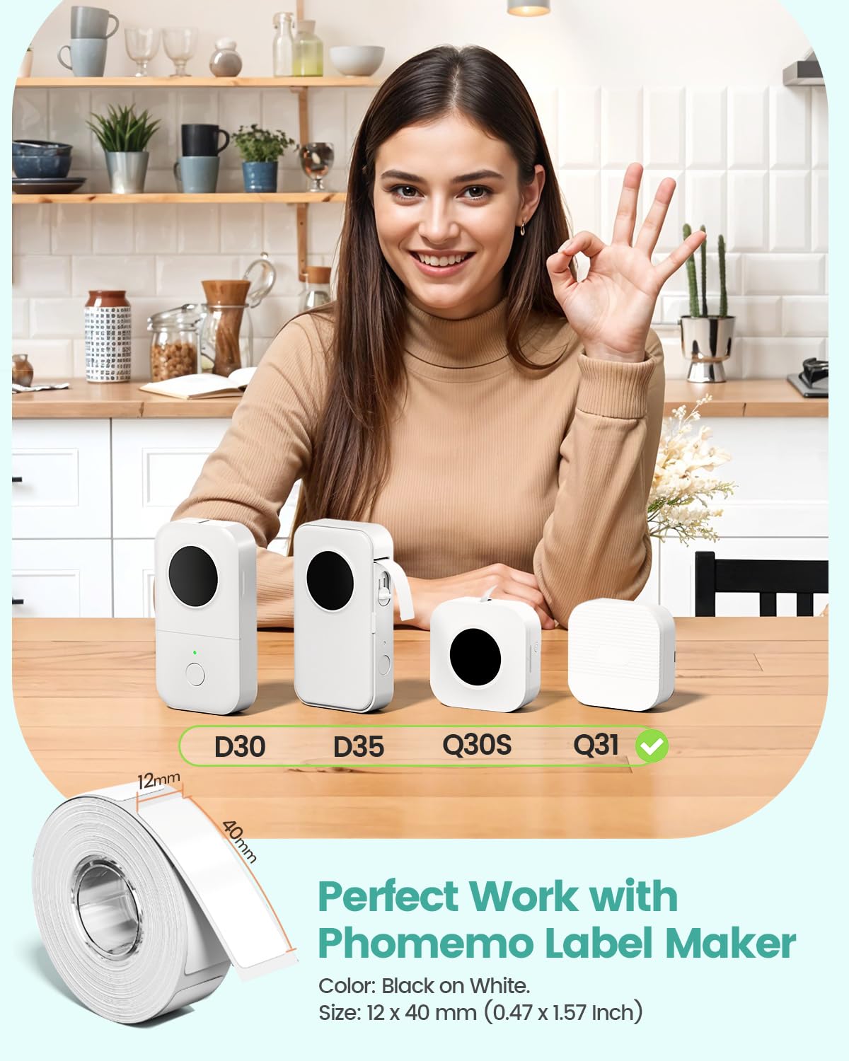 Phomemo D30 Label Maker Tape Black on White Sticker Thermal Paper Self-Adhesive Label Tape, 12 x 40mm ( 3/8" x 1 1/2") 160 Tapes/Roll, 3-Roll