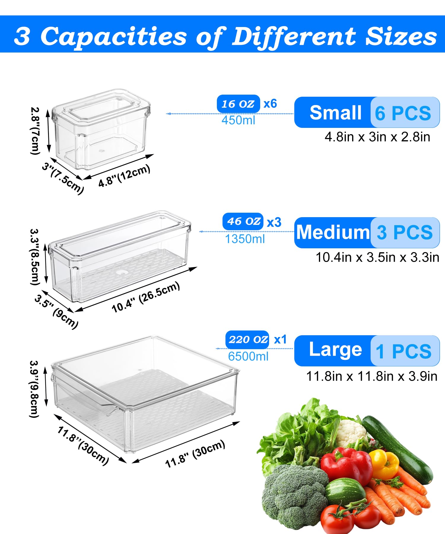 Pure Future Set of 10 Refrigerator Organizer Bins Stackable with Lids, Fridge Organizers and Storage Clear, BPA-Free, Fridge Storage Containers for Fruits & Vegetables