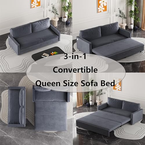 Verfur Pull Out Couch, Dark Gray Velet 63.8" Queen with USB Port