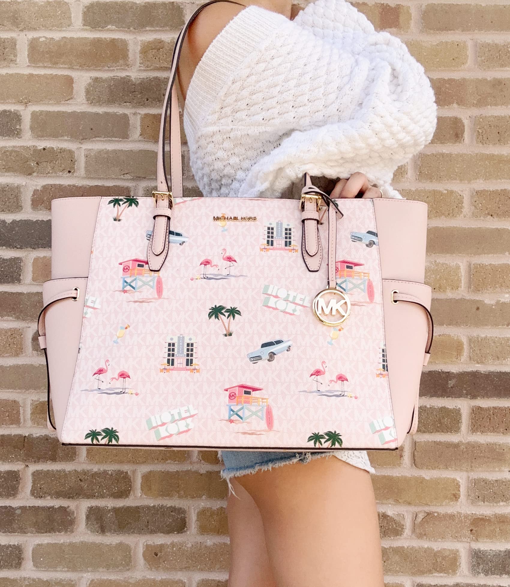 Michael Kors Gilly Large Drawstring Tote Light Powder Blush Pink MK Signature Miami Beach Palm Trees Flamingos 35S3G2GT7V