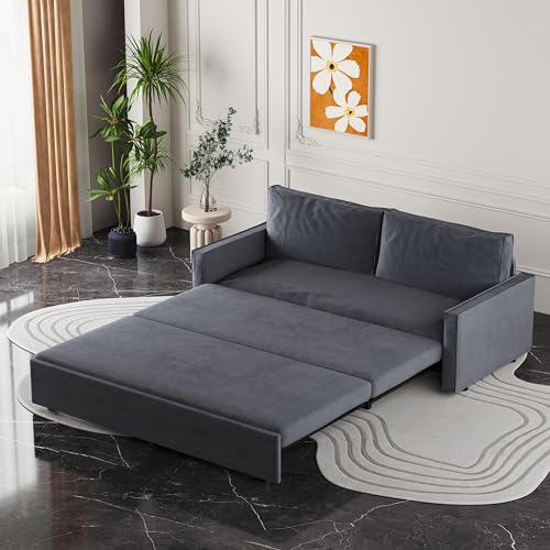 Verfur Pull Out Couch, Dark Gray Velet 63.8" Queen with USB Port