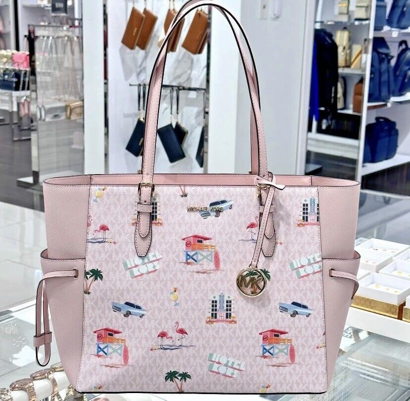 Michael Kors Gilly Large Drawstring Tote Light Powder Blush Pink MK Signature Miami Beach Palm Trees Flamingos 35S3G2GT7V