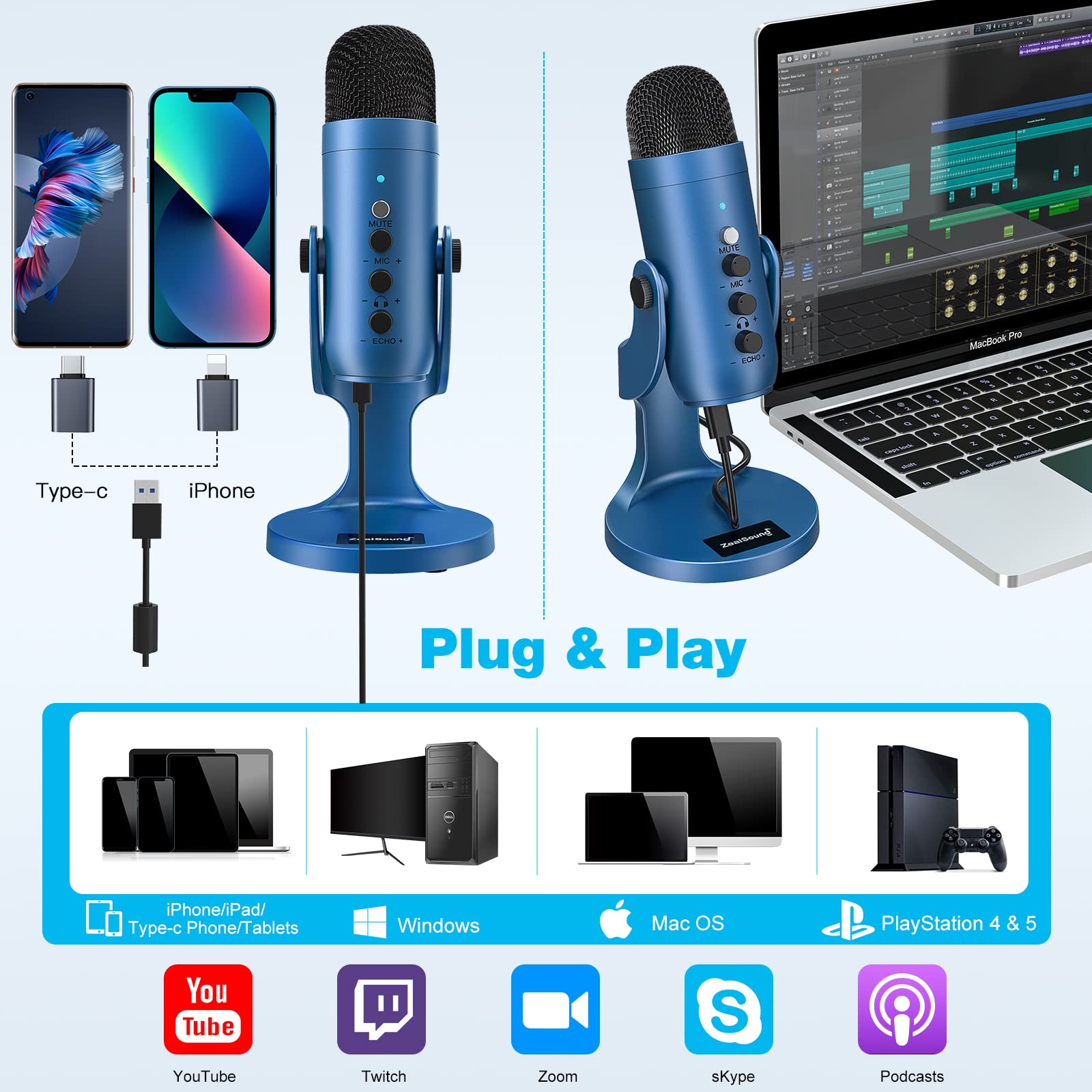 ZealSound USB Condenser Microphone k66 Blue and Wireless Lavalier Microphone V7 Pro