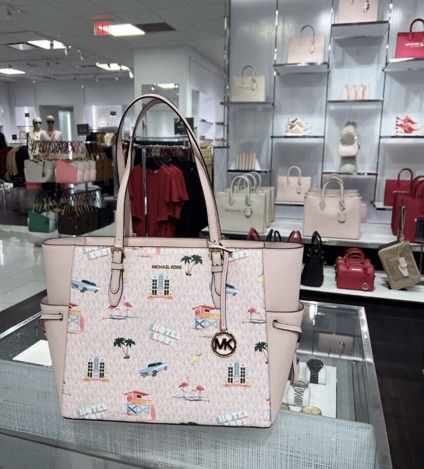 Michael Kors Gilly Large Drawstring Tote Light Powder Blush Pink MK Signature Miami Beach Palm Trees Flamingos 35S3G2GT7V