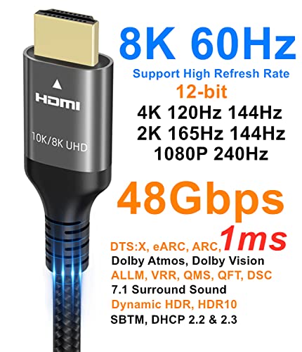 10k 8k 4k HDMI Cable 6.6 FT, Certified 48Gbps 1ms Ultra High Speed HDMI 2.1 Cable 4k 120Hz 144Hz 8k 60Hz 12bit ARC eARC DTS:X Dolby Atmos HDR10 Compatible for Mac Soundbar Gaming PC RTX3090 PS5 4 Xbox