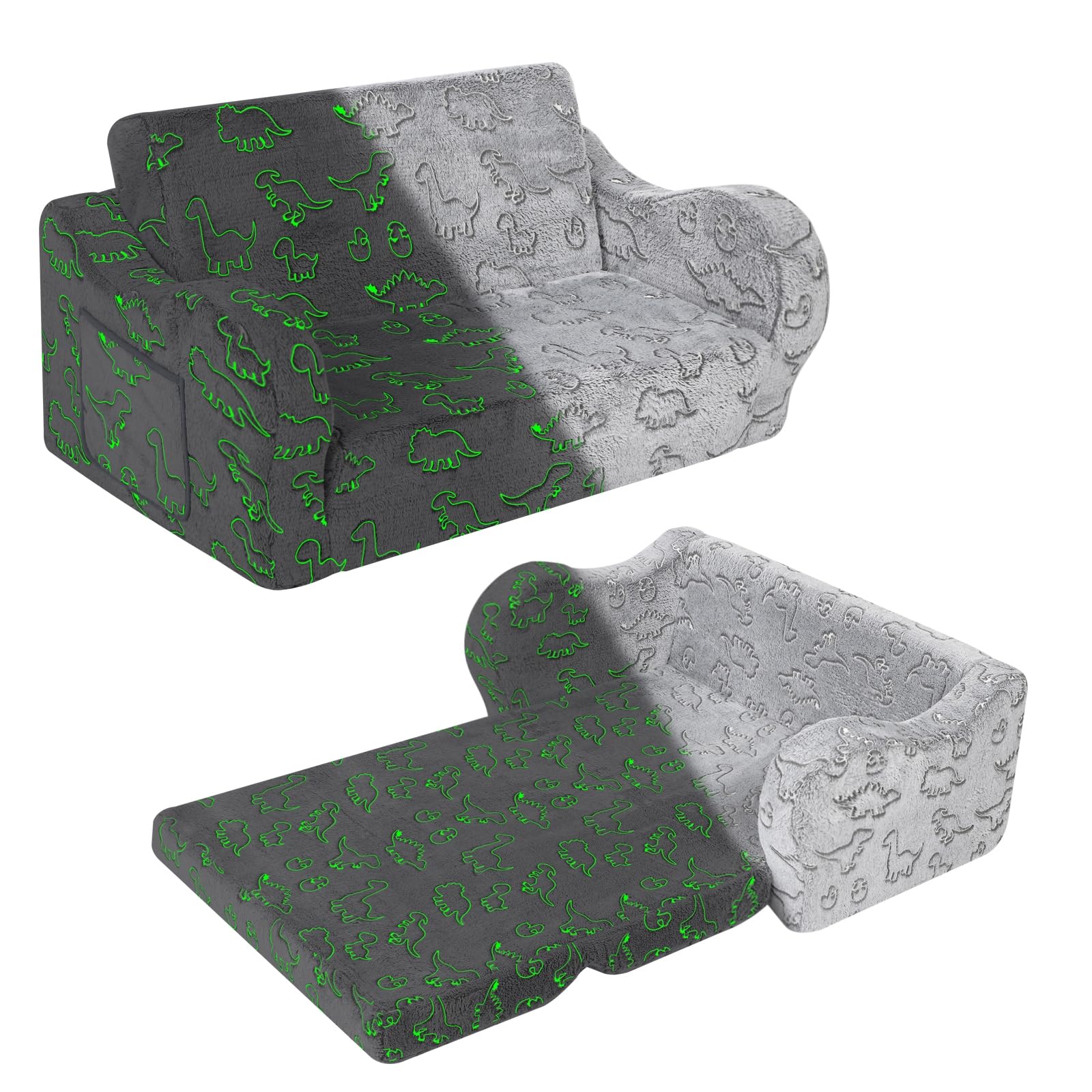 MOMCAYWEX Kids Extra Wide Glow in The Dark Chairs for Toddler, 2-in-1 Toddler Soft Sherpa Couch Fold Out, Convertible Sofa to Lounger for Girls and Boys, Dark Grey